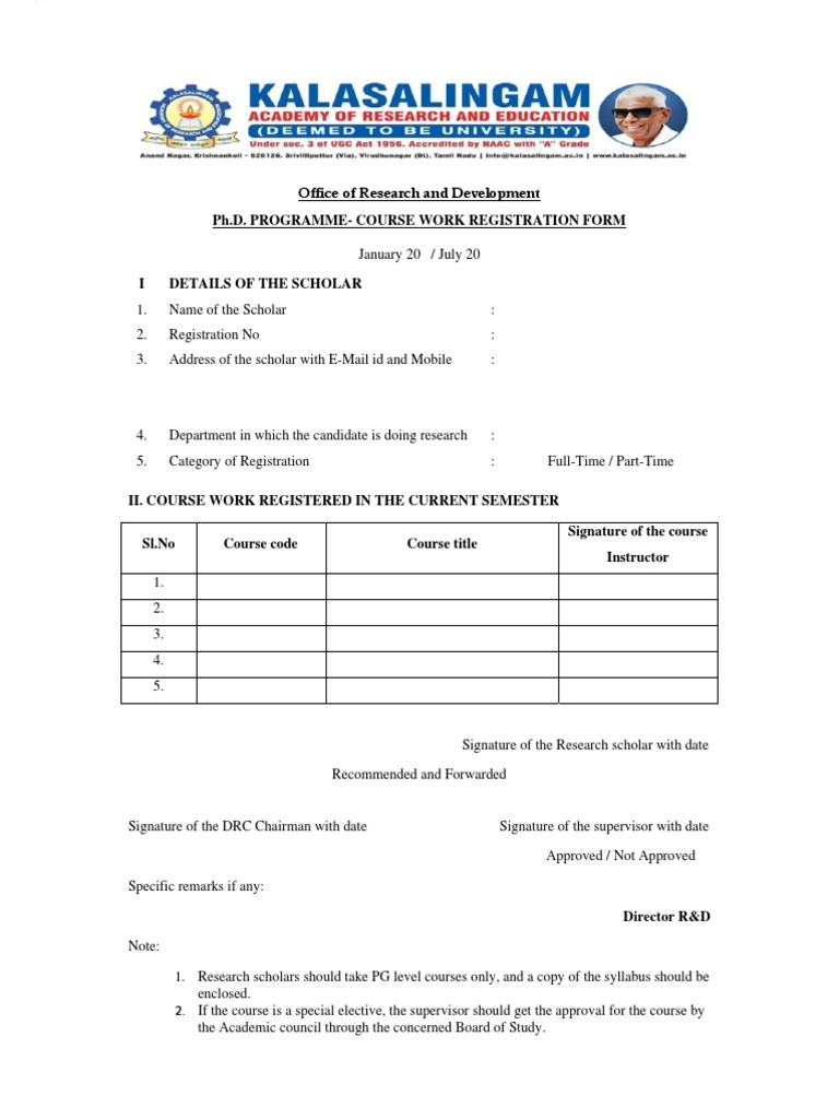 Course Work Registration Form | PDF