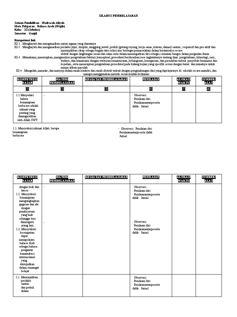 Silabus Bahasa Arab Kelas XI Ganjil | PDF | Sains & Matematika