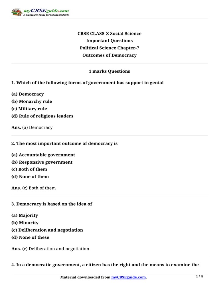 CBSE Class 10: Democracy Outcomes FAQs | PDF | Democracy | Political Ideologies