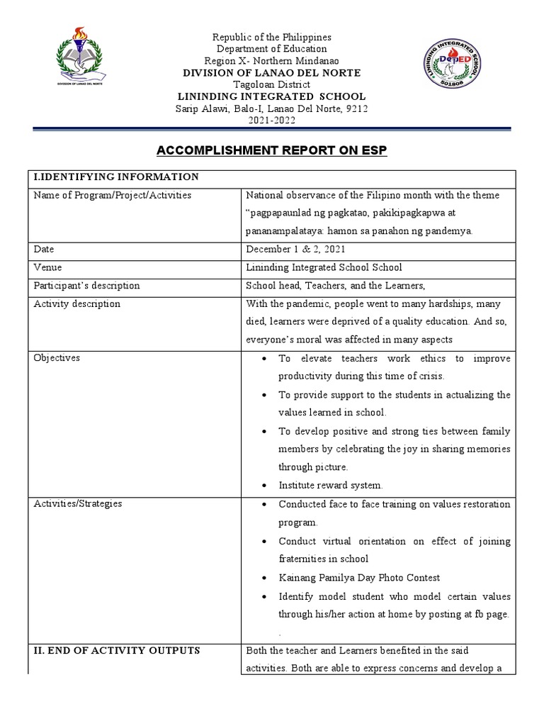 Accomplishment On Esp | PDF | Learning | Philippines