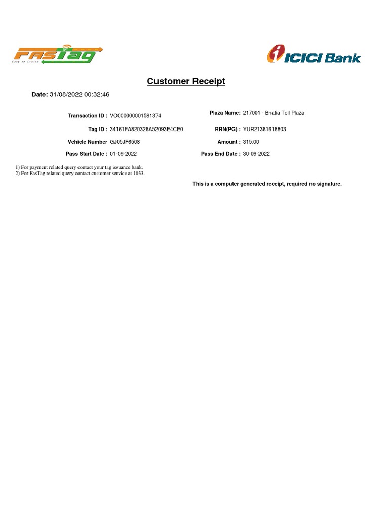 Bhatia Toll Plaza Monthly Pass Receipt | PDF | Finance & Money Management