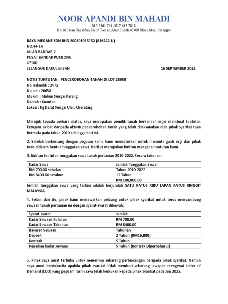 Contoh Surat Tuntutan Pencerobohan Tanah | PDF