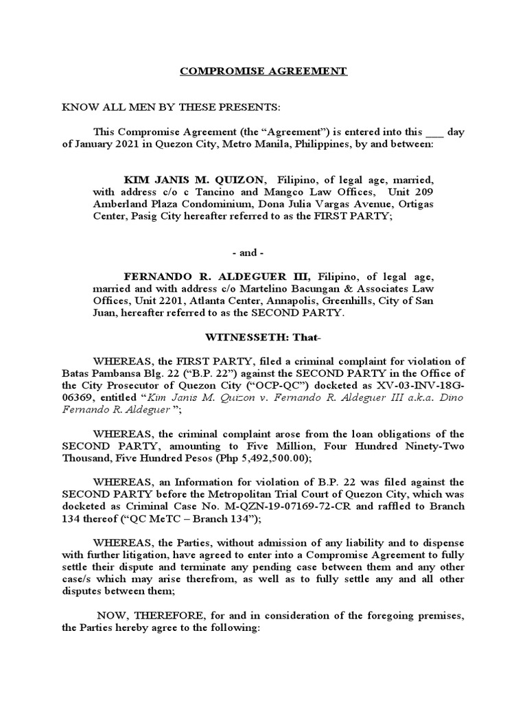 compromise agreement. January 2021 | PDF | Common Law | Justice