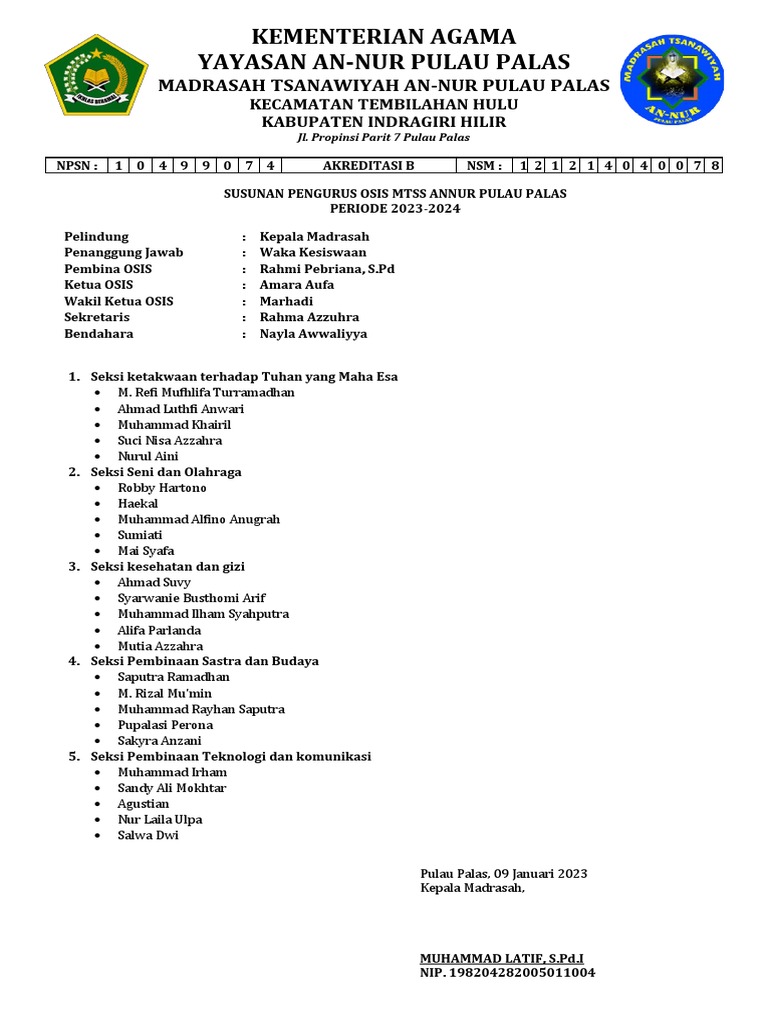 Susunan Pengurus Osis Periode 2023-2024 | PDF
