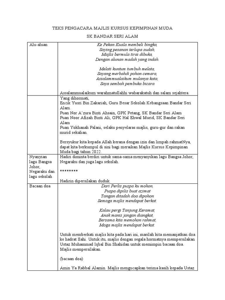Teks Pengacara Majlis Kursus Kepimpinan Muda | PDF