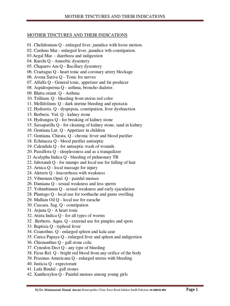 Mother Tincture and Their Indications | PDF | Medical Specialties ...
