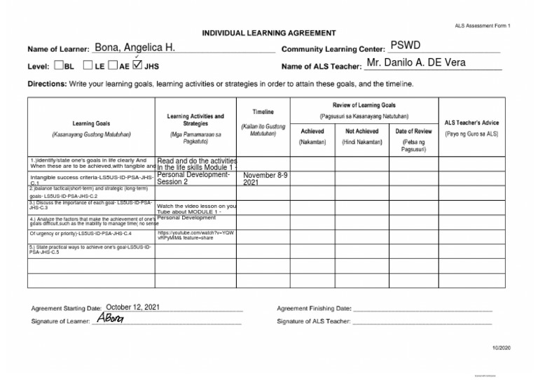 ALS Assessment Form 1 1 | PDF