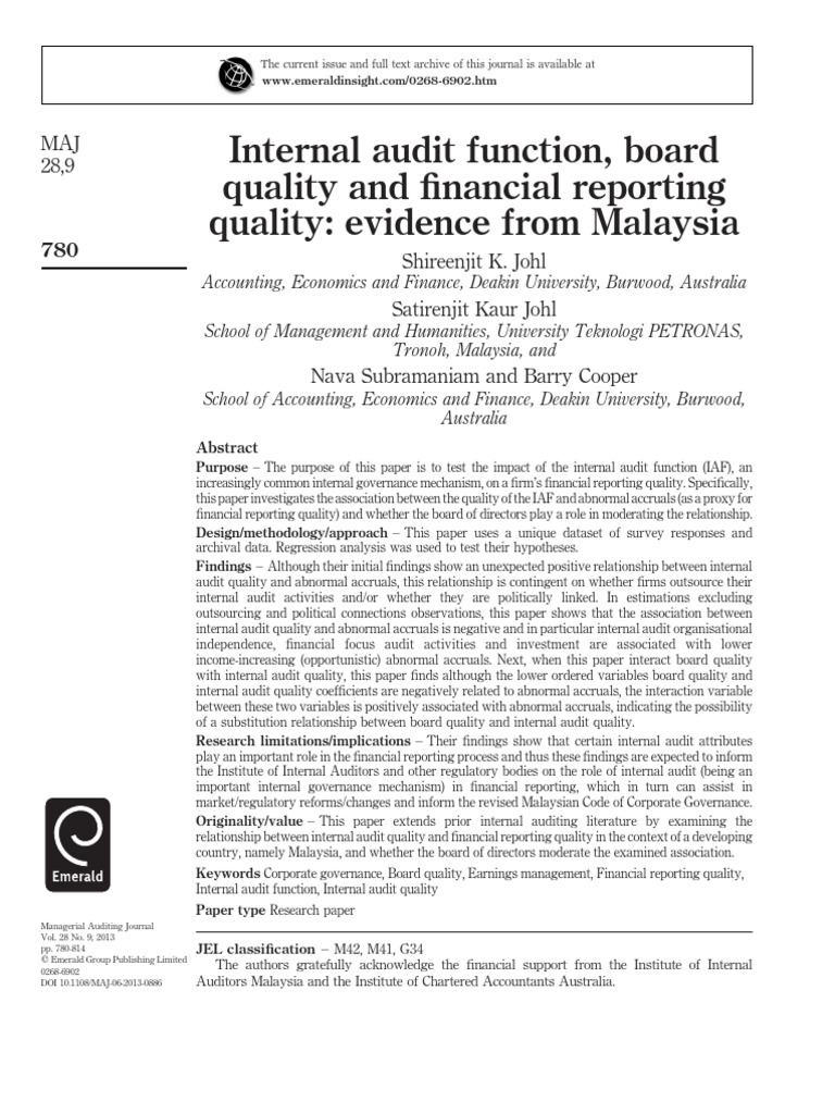 Z.12. Johl Internal Audit Function, Board Quality and Financial Reporting Quality - Evidence ...