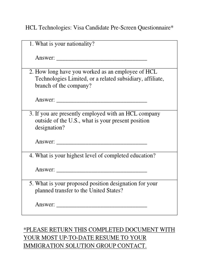 Pre Screening Questionnaire | PDF