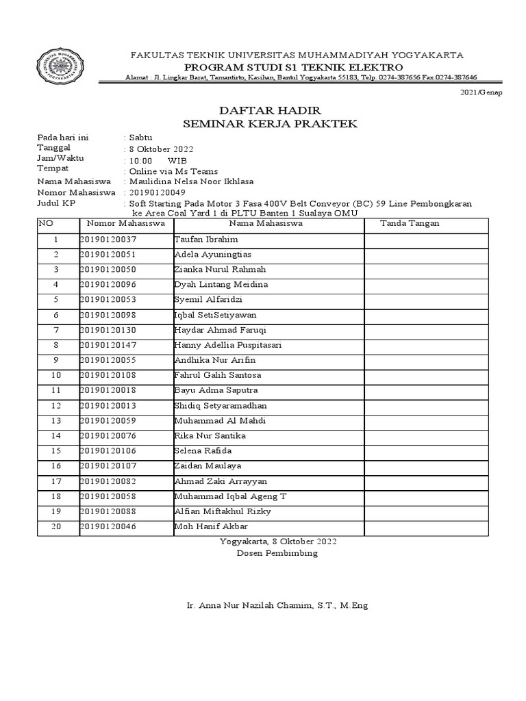 Daftar Hadir Seminar KP 20190120049 | PDF