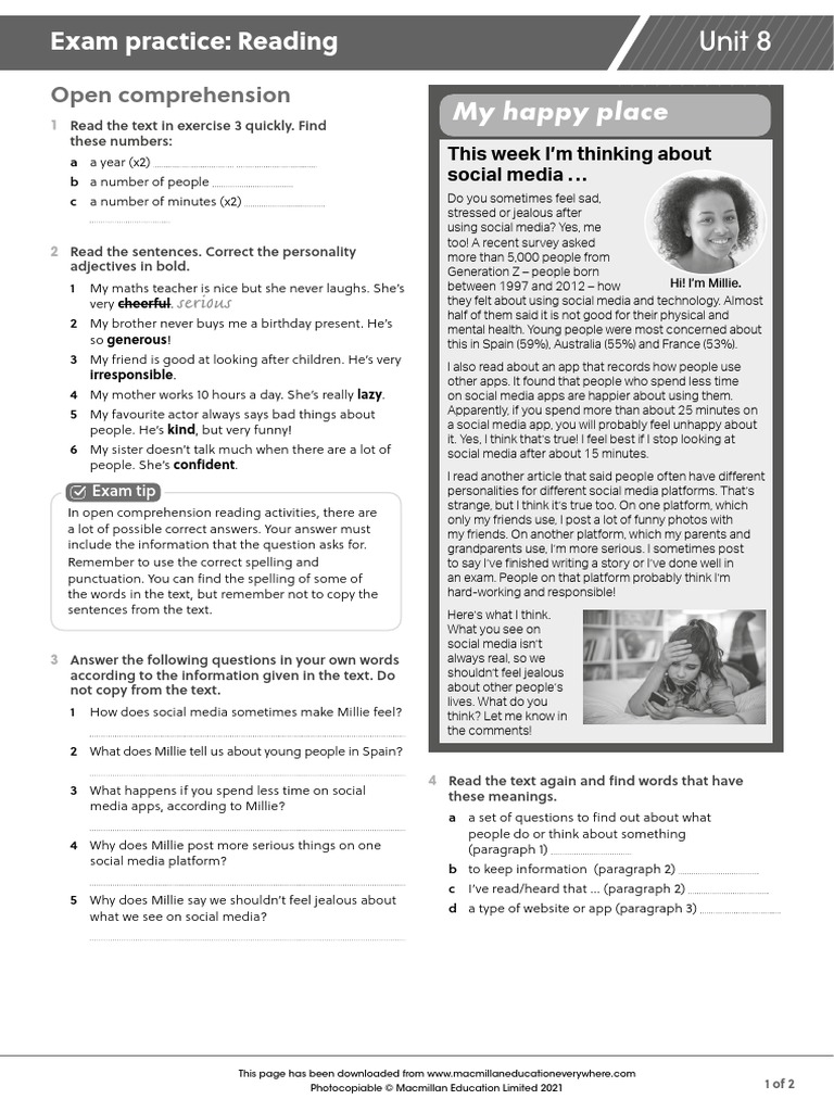 A2 U8 Exam Practice Reading | PDF