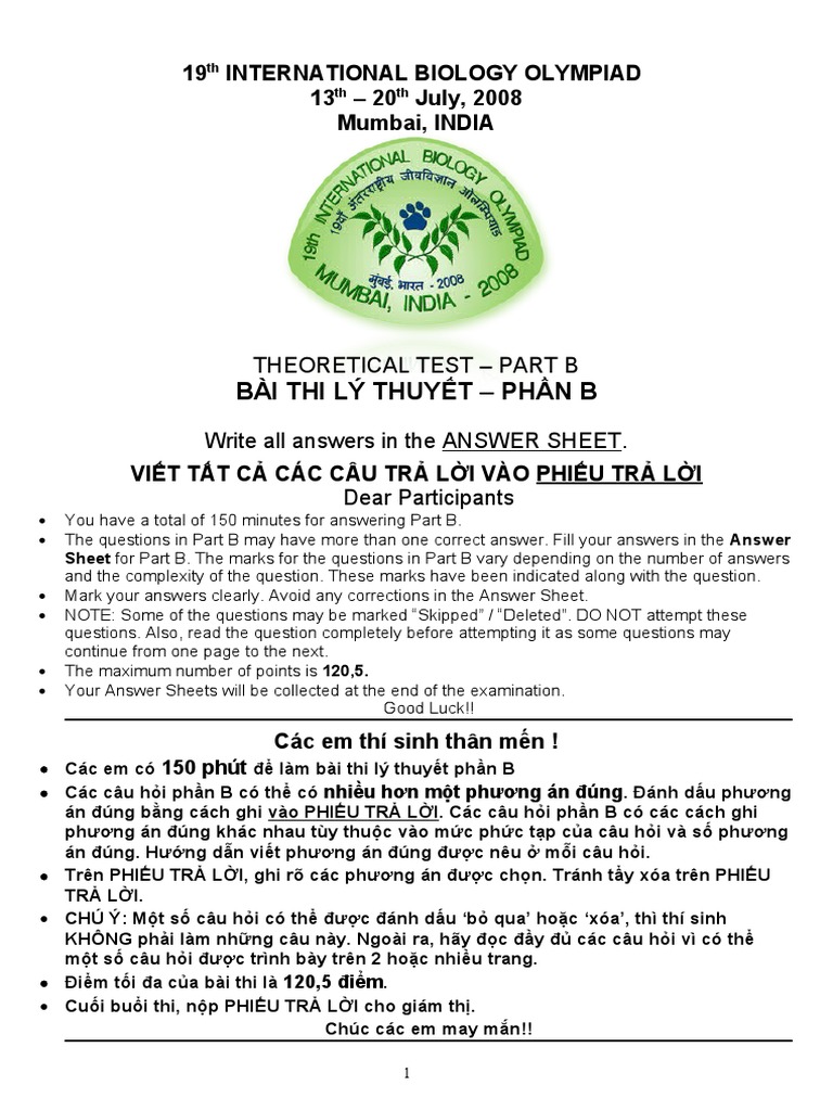 De IBO Nam 2008 Phan B HSG Quoc Te Sinh Hoc | PDF