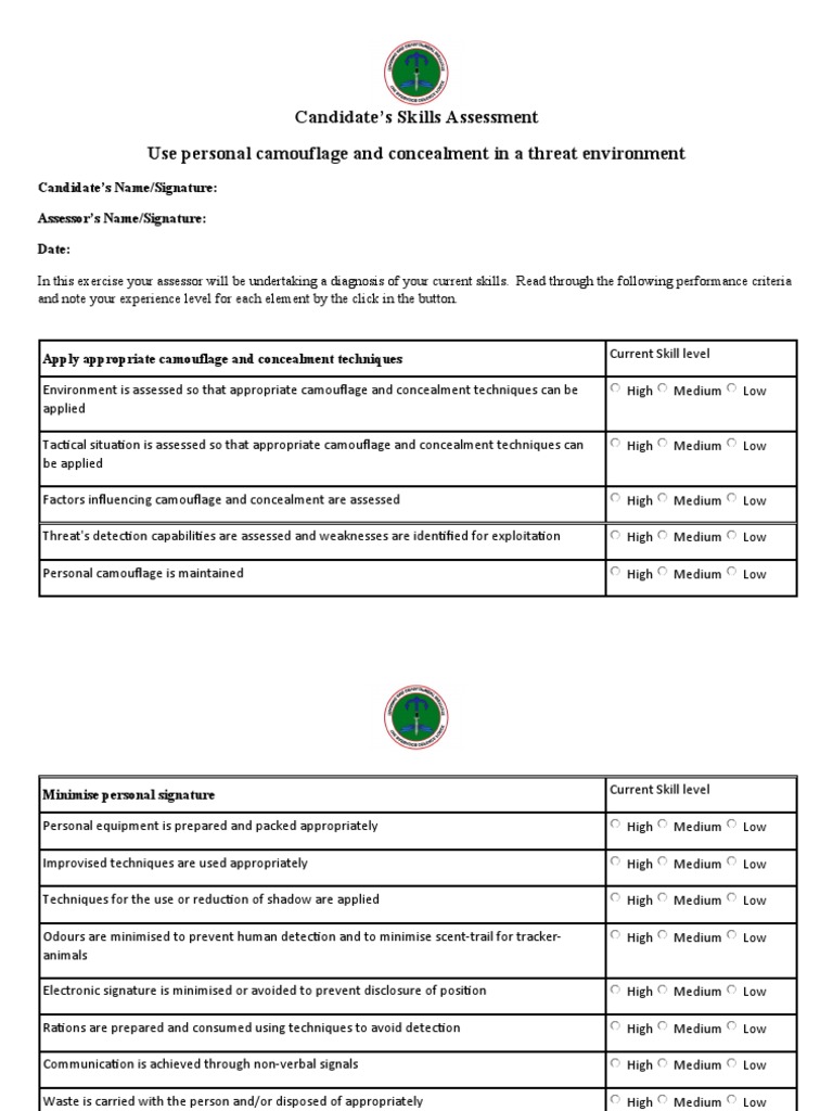Candidate Skills Assessment Use Personal Camouflage and Concealment in ... Candidate Skills Assessment Use Personal Camouflage and Concealment in ...