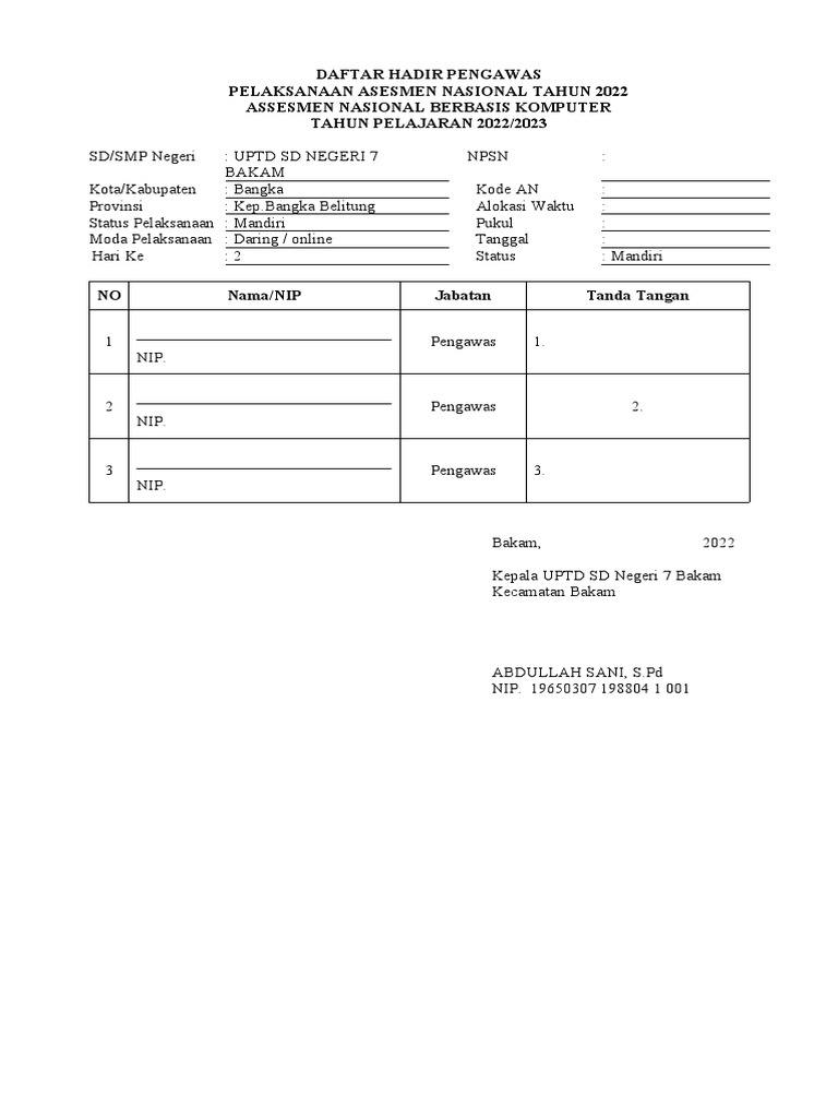 Contoh Daftar Hadir Pengawas Anbk | PDF