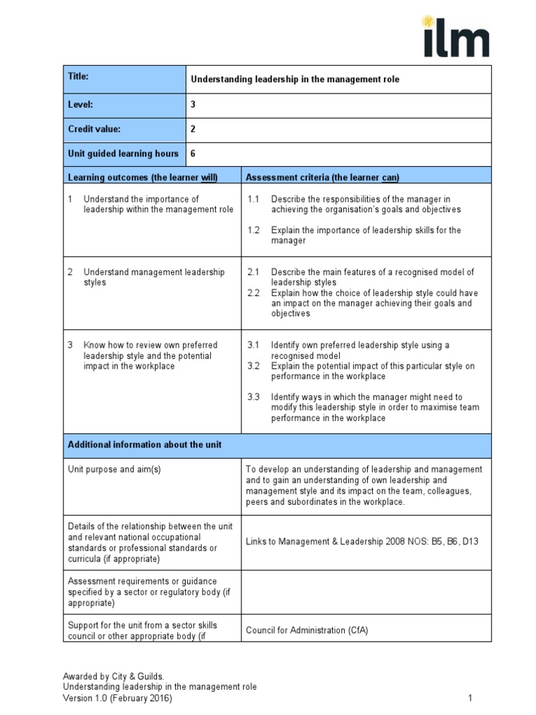 Understanding Leadership in The Management Role Ilm Unit Specification ...