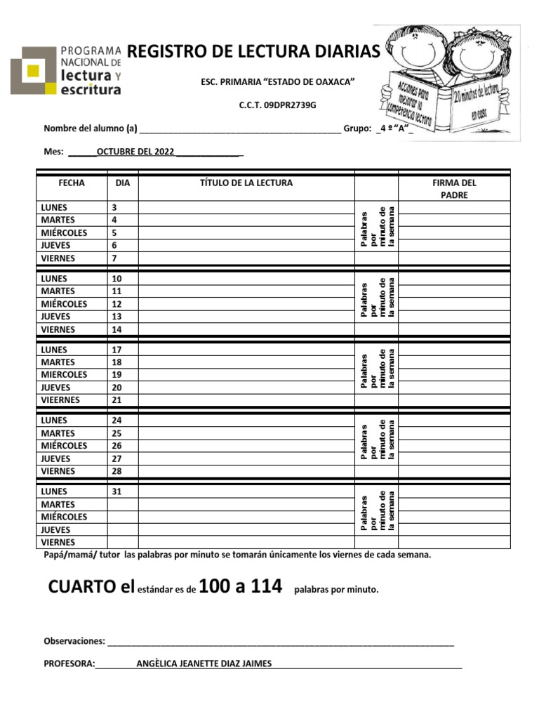 Registro de Lectura Diaria Octubre | PDF