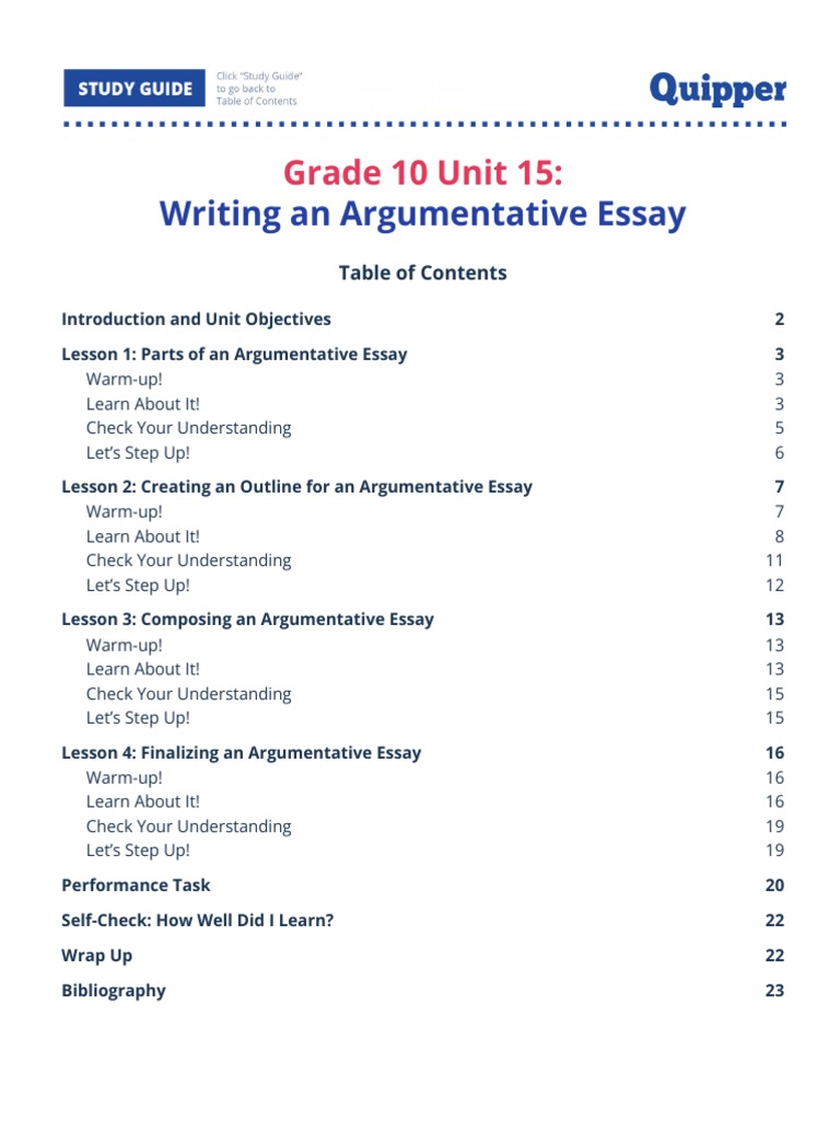 PDF - Grade 10 - Unit 15 - Writing An Argumentative Essay, 4 Topics ...