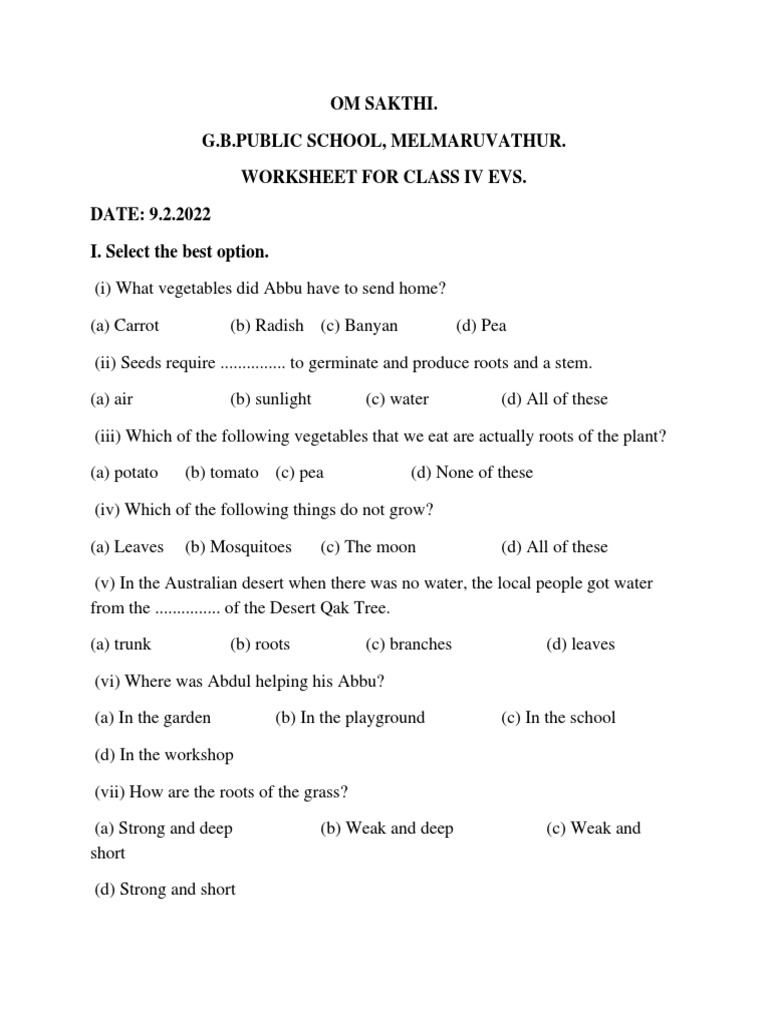 CLASS 4 EVS WORKSHEET ON LESSON 19-converted | PDF | Trees | Root