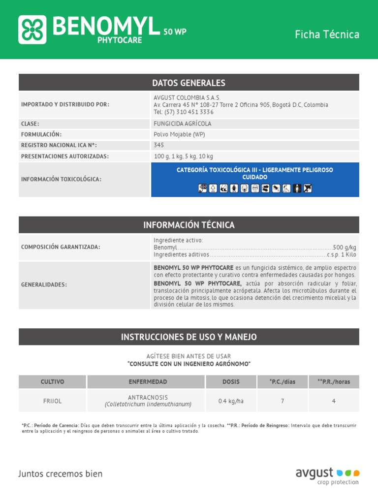 Fungicida Benomyl 50 WP: Uso y Dosis | PDF | Agua