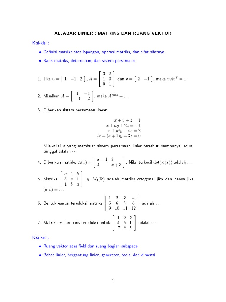 Soal Aljabar Linear dan Matriks | PDF