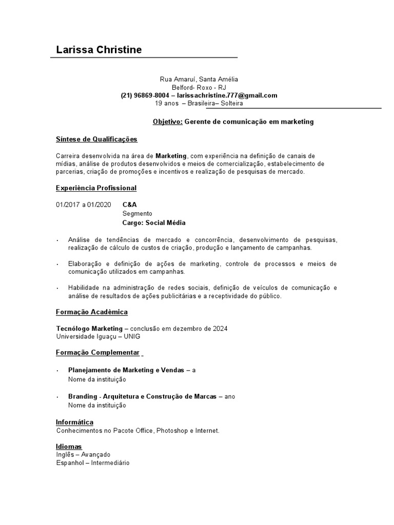 Modelo de Curriculo Analista de Marketing | PDF Modelo de Curriculo Analista de Marketing | PDF
