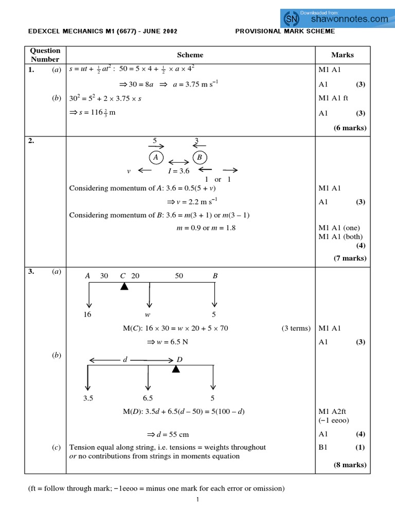 Edexcel Mechanics M1 June 2002 Mark Scheme | PDF | Applied And ...