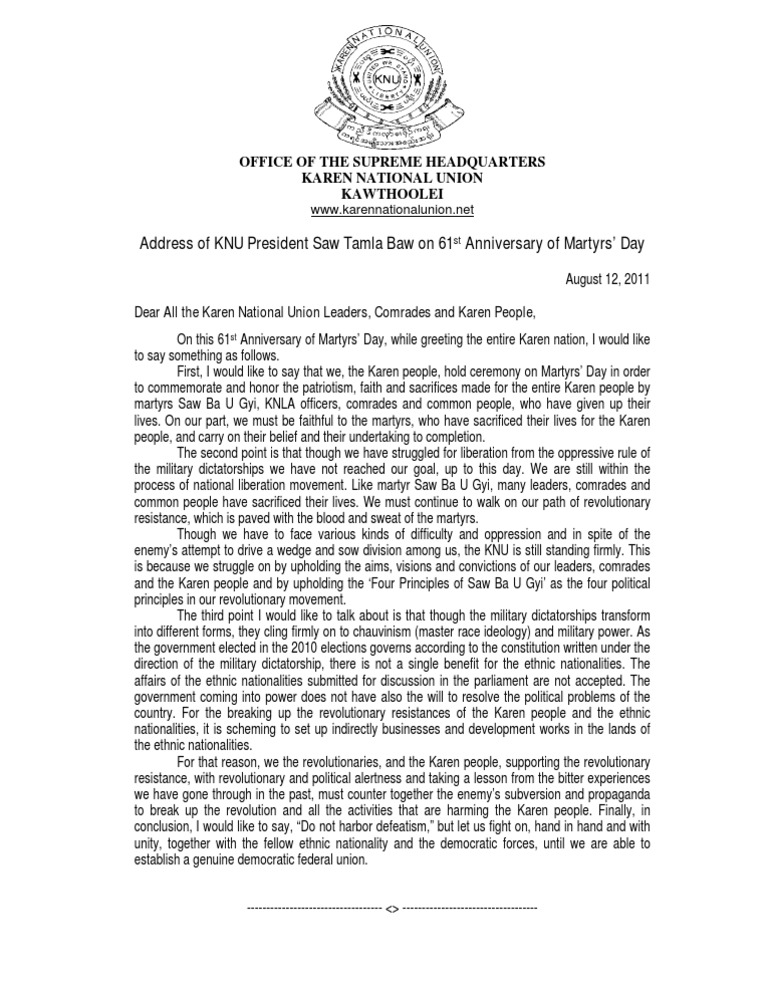 Address of KNU President Saw Tamla Baw On 61st Anniversary of Martyrs ...