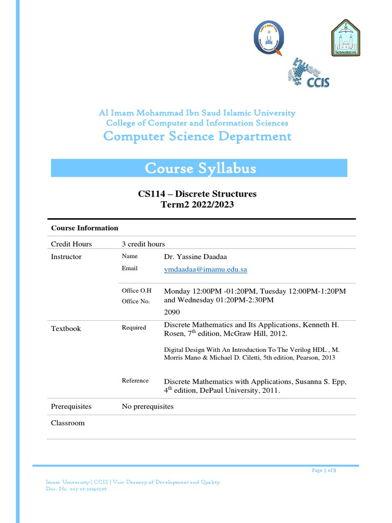 CS114-Discrete Structures - Course Syllabus | PDF | Logic ...