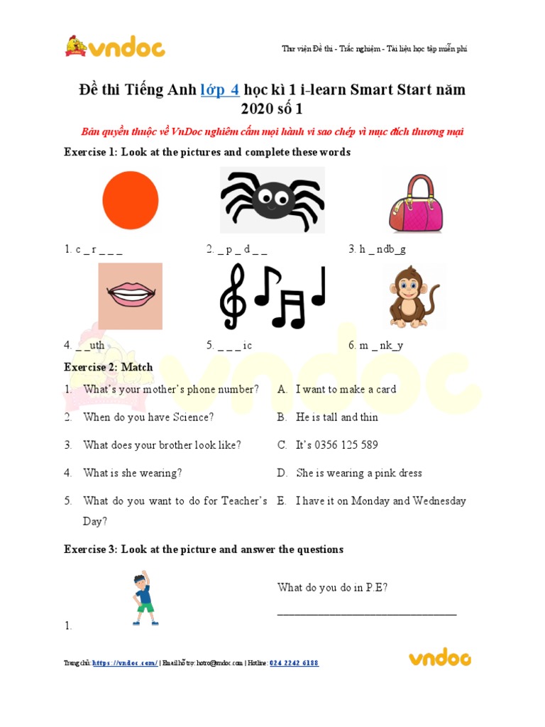 De Thi Tieng Anh Lop 4 Hoc Ki 1 I Learn Smart Start So 1 | PDF