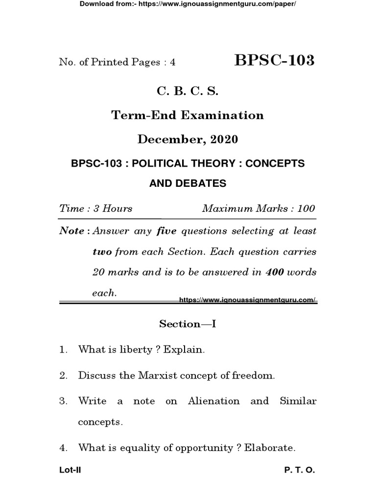 BPSC-103 Political Theory Exam Paper | PDF | Political Theories ...