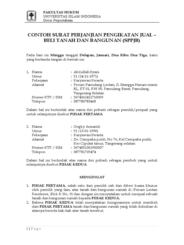 Contoh Surat PPJB Tanah dan Bangunan | PDF | Hukum