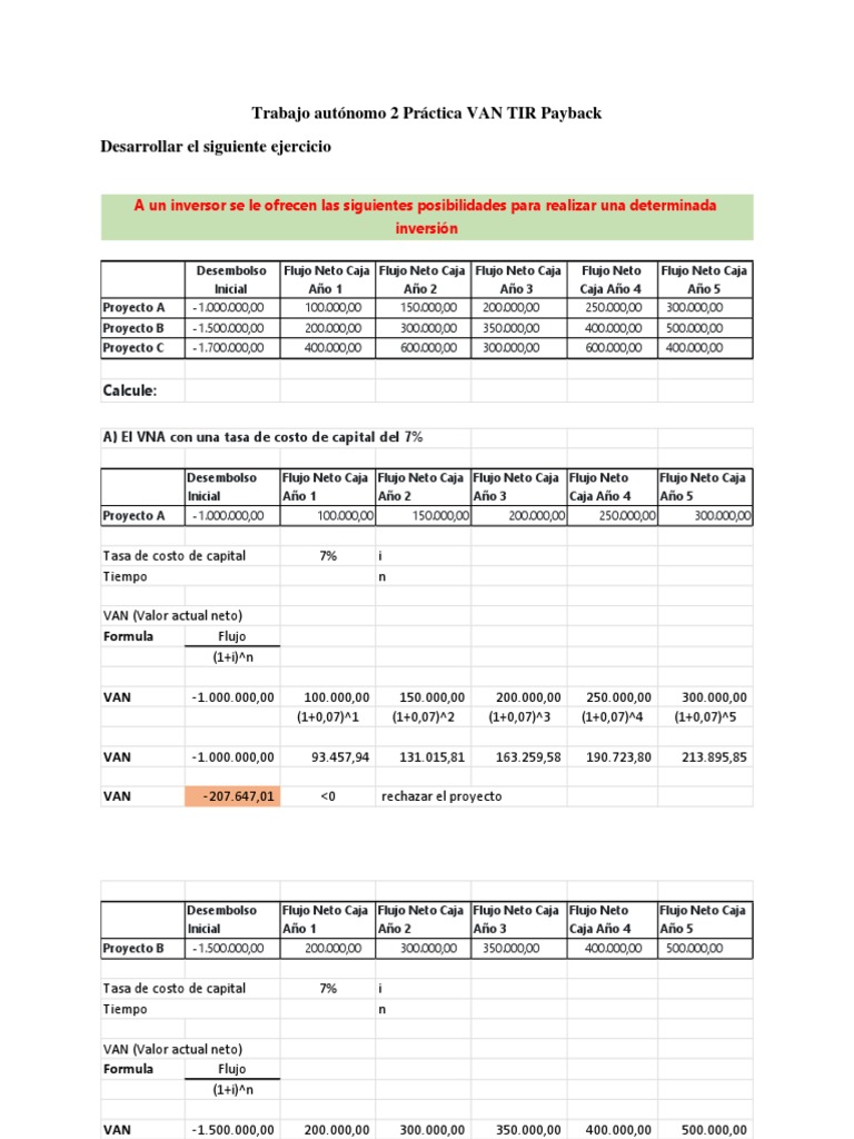 Práctica VAN TIR Payback | PDF | Valor presente neto | Economias