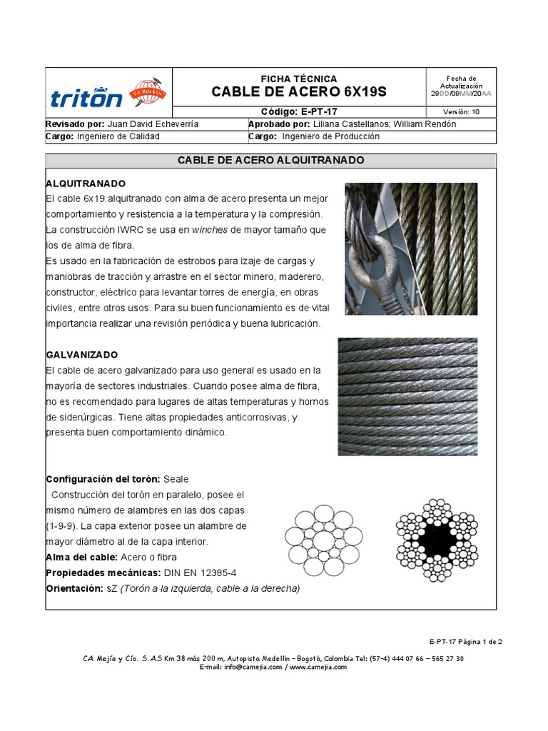 E-PT-17 Ficha Técnica Cable de Acero - 6x19S - DIN | PDF | Materiales ...