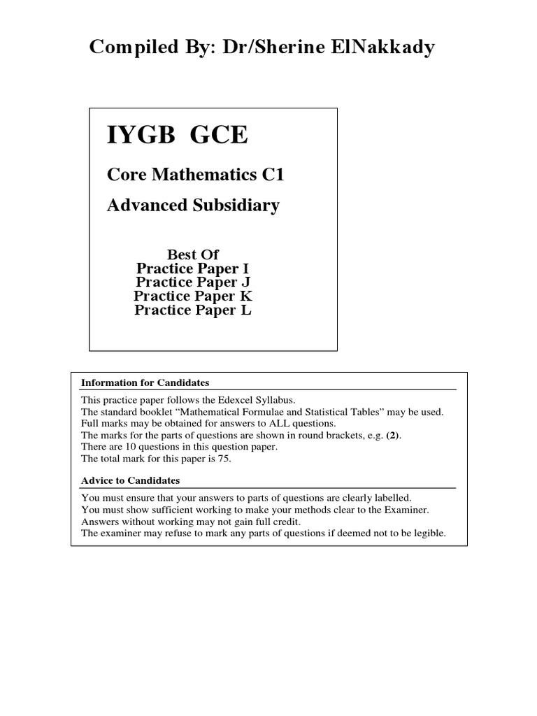 Core Mathematics C1 Best of Practice Papers: Practice Paper I | PDF ...