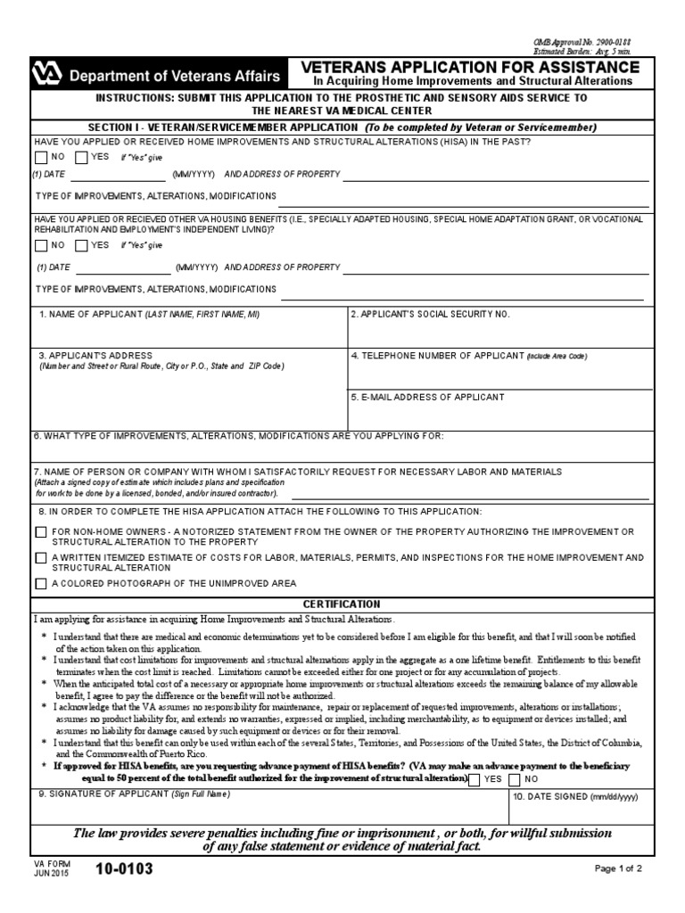 10 0103 Fill | PDF | United States Department Of Veterans Affairs ...