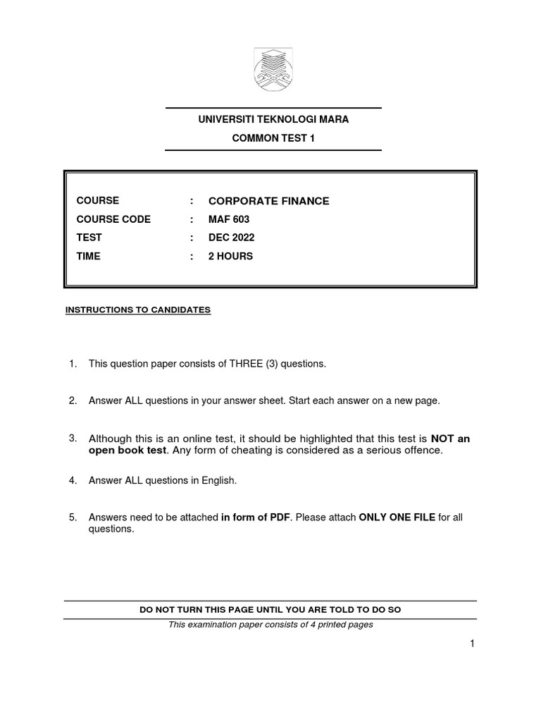 QQ Test 1 Dec2022 | Download Free PDF | Financial Risk ...