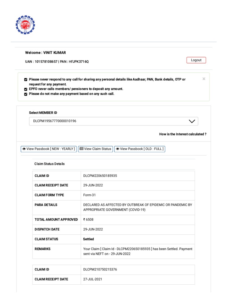 EPFO - Member Passbook & Claim Status | PDF | Service Industries ...