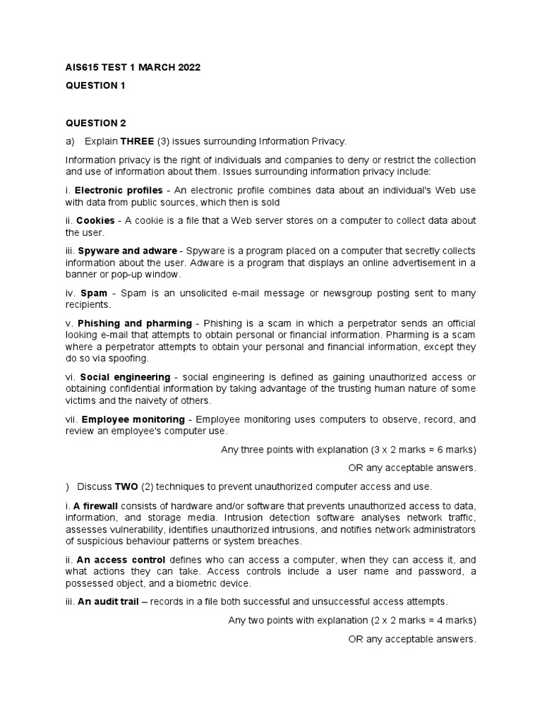 QQ & SS AIS615 Test 1 March 2022 | PDF | Social Engineering (Security ...