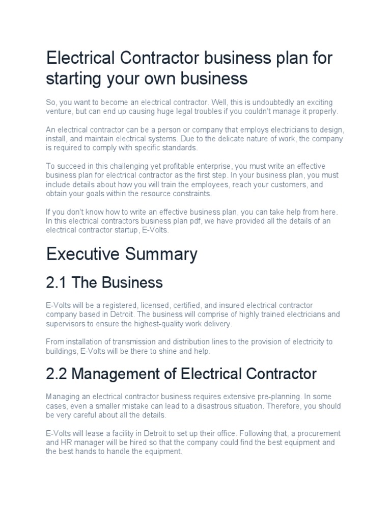 Electrical Contractor Business Plan Guide | PDF | Employment | Investing