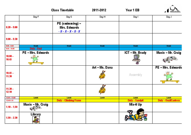Year 1 EB Class Timetable 2011-2012 | PDF