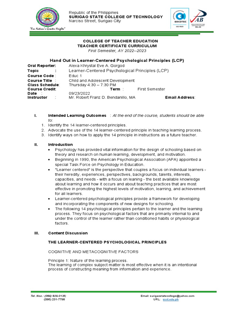 Learner-Centered Psychological Principles (LCP) | PDF | Learning ...