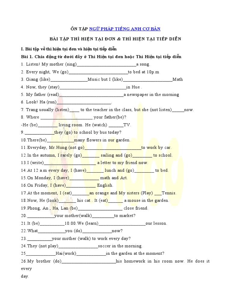 Bai Tap Ket Hop Thi Hien Tai Don Va Hien Tai Tiep Dien | PDF | Languages Of Asia | Language Families