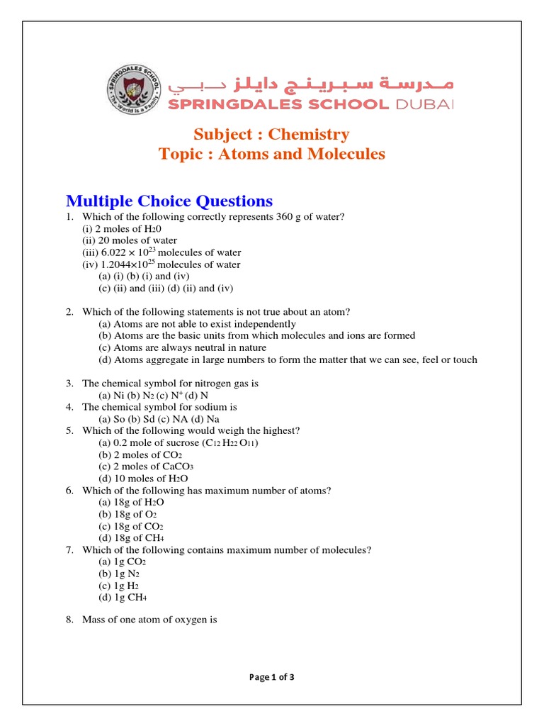 Understanding Atoms and Molecules: Multiple Choice and Short Answer ...