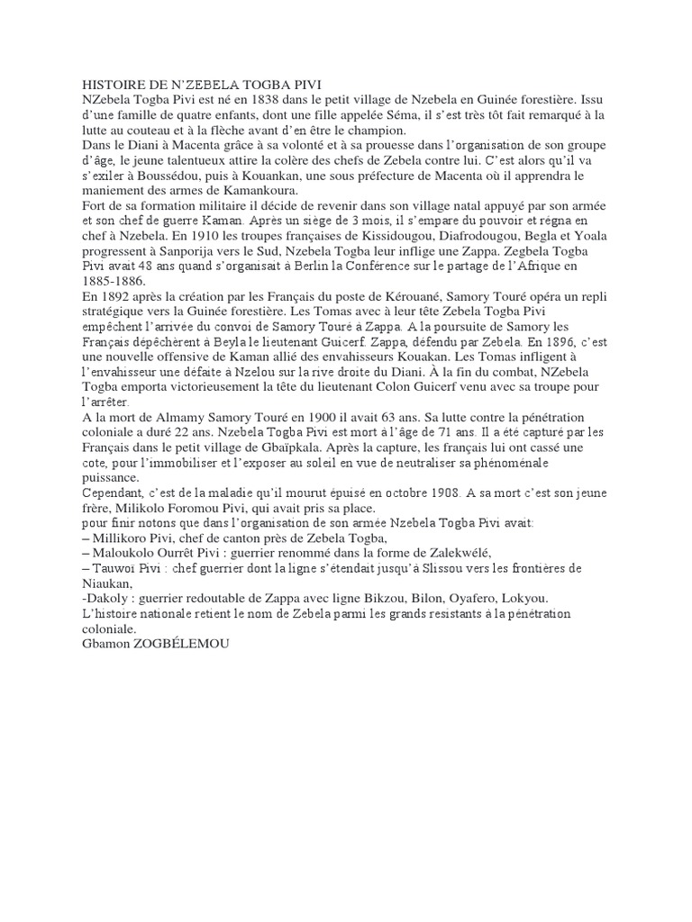 Histoire de Nzebela Togba Pivi | PDF | Militaire | Opérations militaires