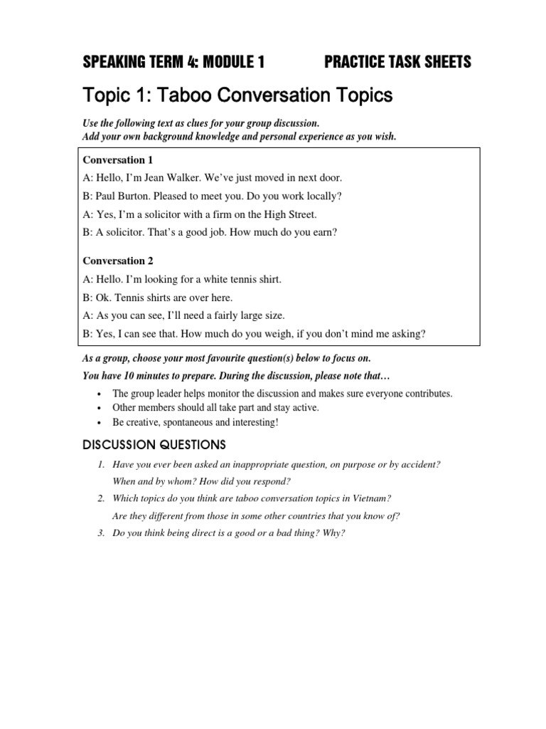 Spk-T4 - Practice Topic 1 - Taboo Conversaton Topics | PDF