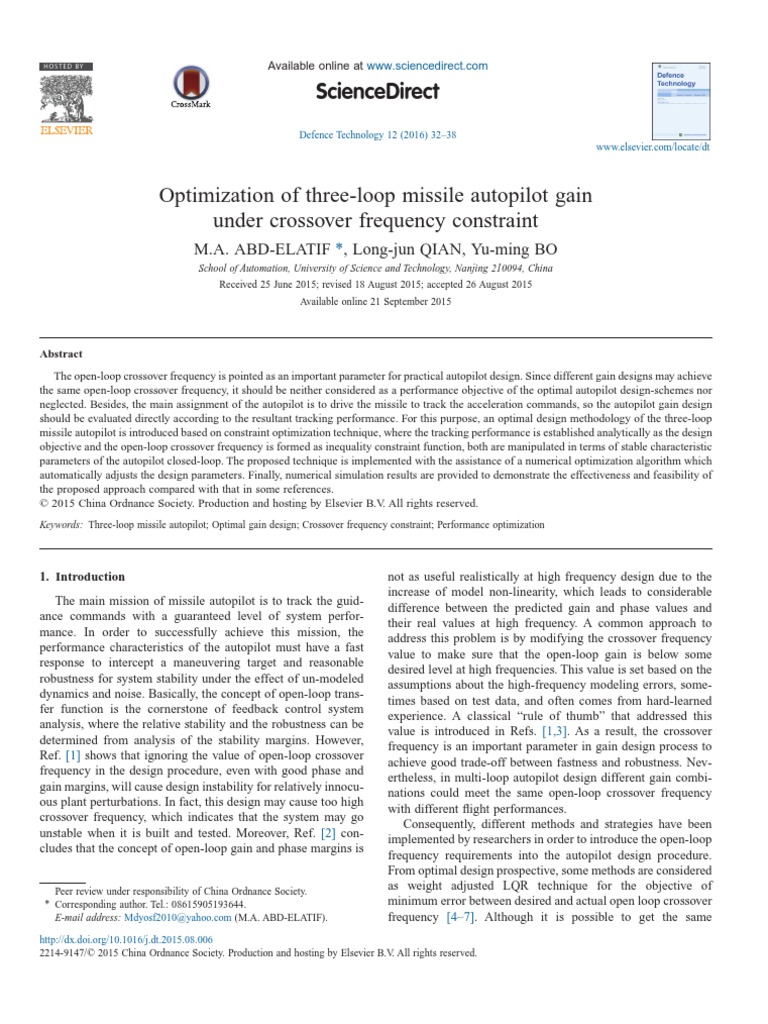 Optimization of Three Loop Missile Autopilot Gain Under CR 2016 | PDF ...