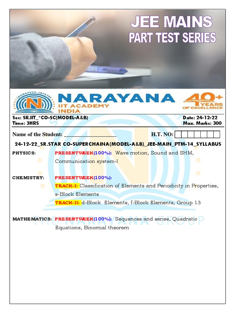 24.12.22 - SR - STAR CO-SC (MODEL-A & B) - Jee - Main - PTM-14 - QP | PDF | Chromium | Sound