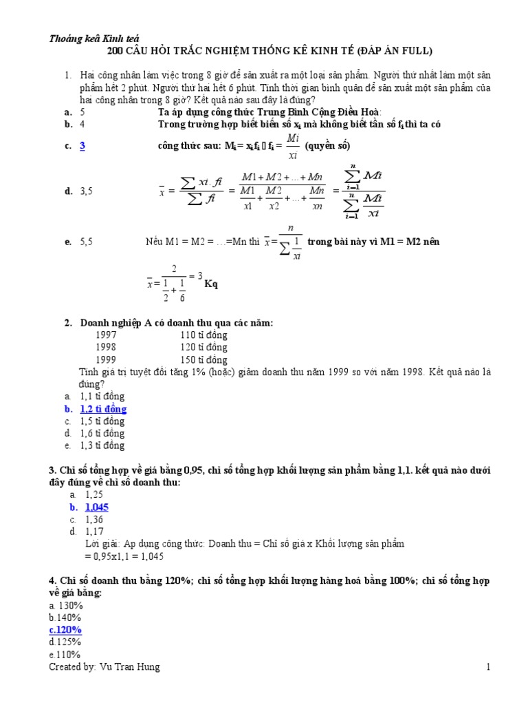 (123doc) - 200-Cau-Trac-Nghiem-Mon-Thong-Ke-Kinh-Te-Co-Dap-An-Full | PDF