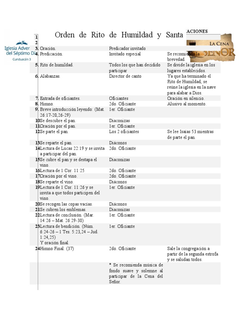 Orden de Rito de Humildad y Santa Cena Paraíso | PDF