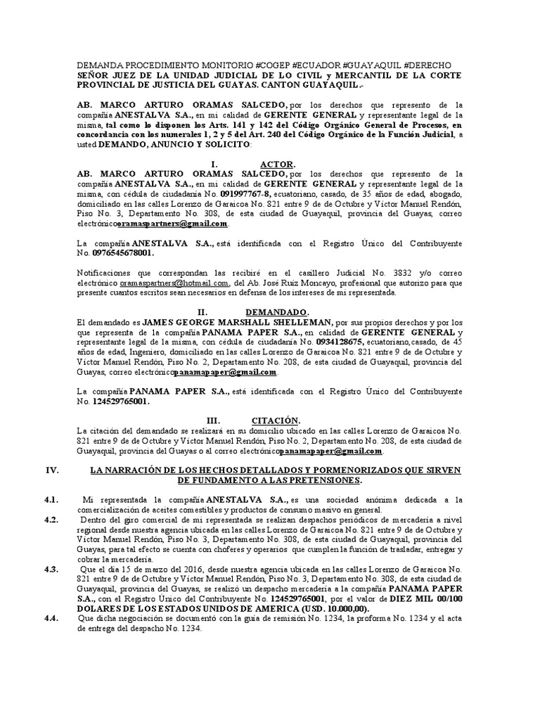 Demanda Procedimiento Monitorio | PDF | Panamá | Economias Demanda Procedimiento Monitorio | PDF | Panamá | Economias